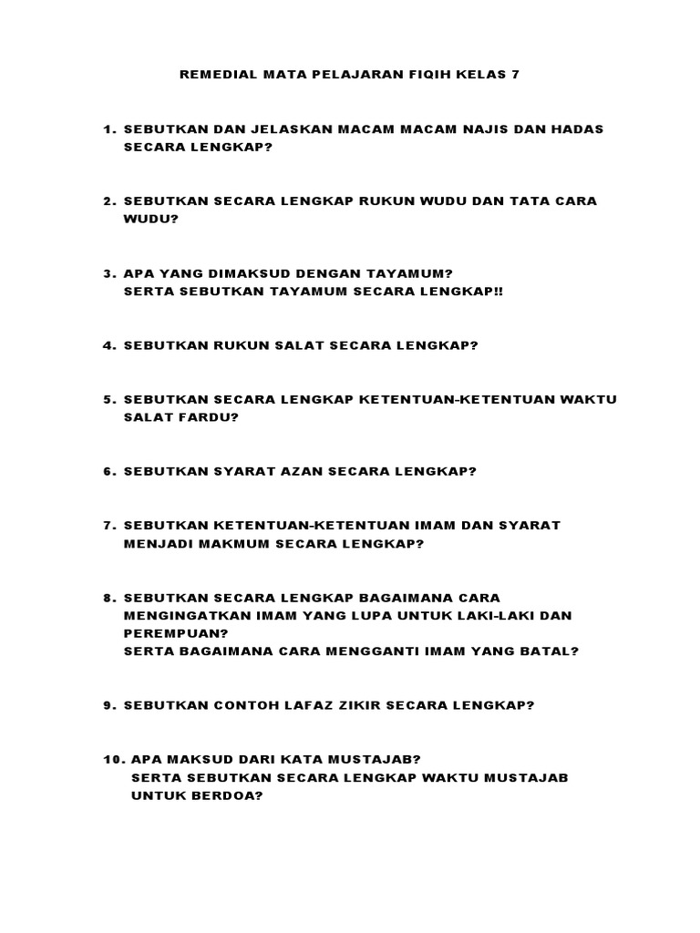 Soal Remedial Mata Pelajaran Fiqih Kelas 7 | PDF