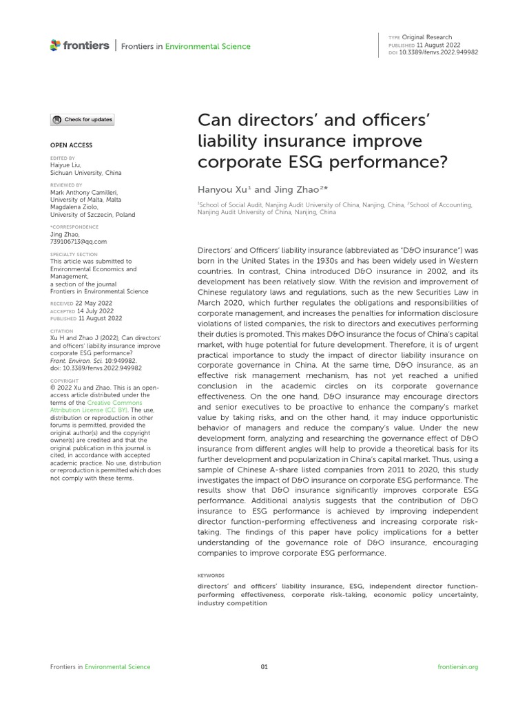 Can Directors and Officers Liability Insurance Improve Corporate ESG ...
