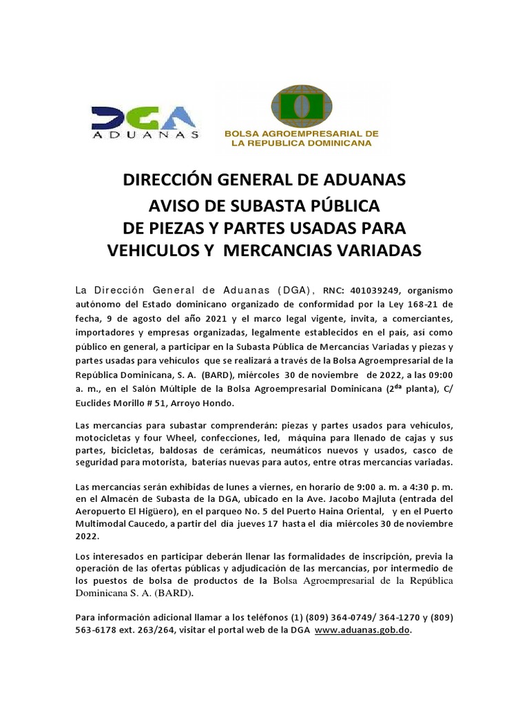 Aviso y Fotos Subasta Publica 30 Noviembre 2022 | PDF | Subasta | Verde