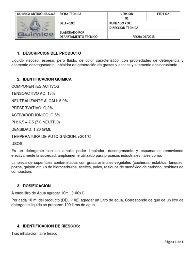 Ficha Tecnica Detergente Liquido Industr | PDF | Agua | Residuos