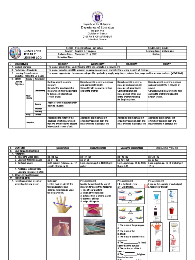 DLL in Math 7 Week 1 | PDF | Litre | Ounce