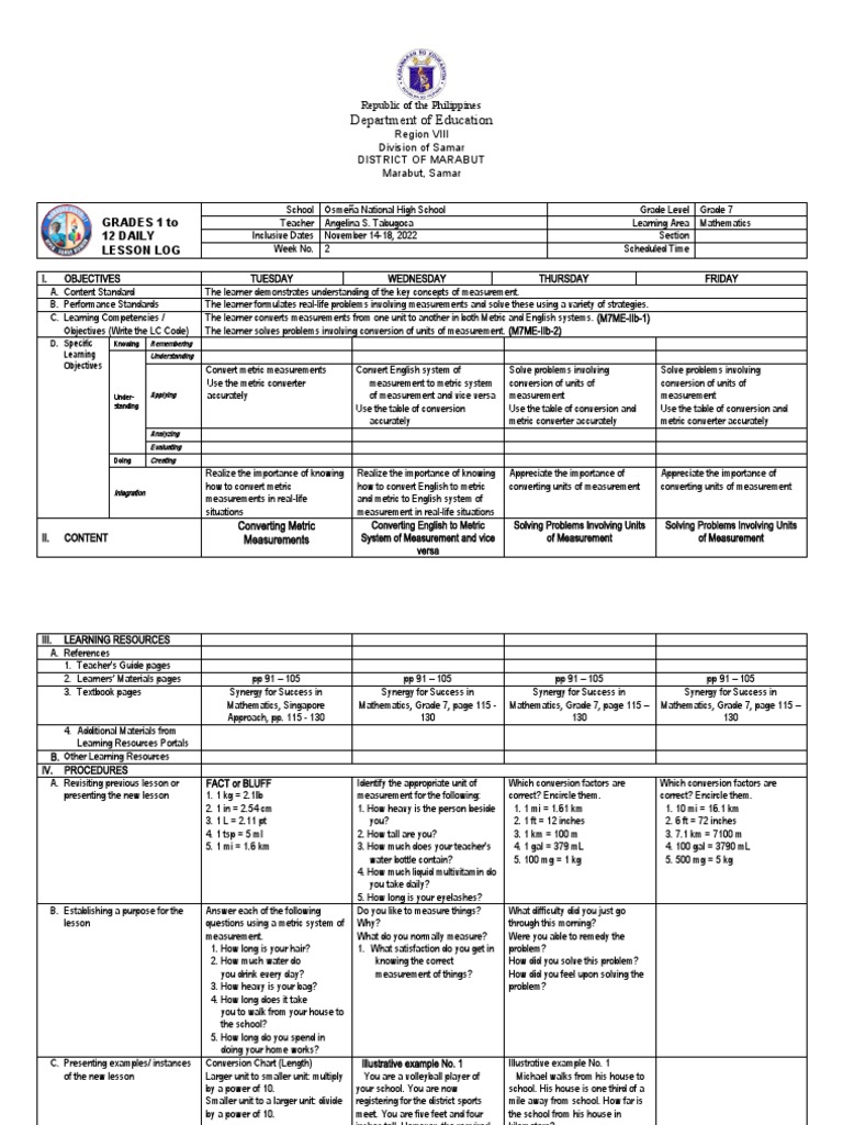 DLL in Math 7 Week 2 | PDF | Measurement | Pound (Mass)