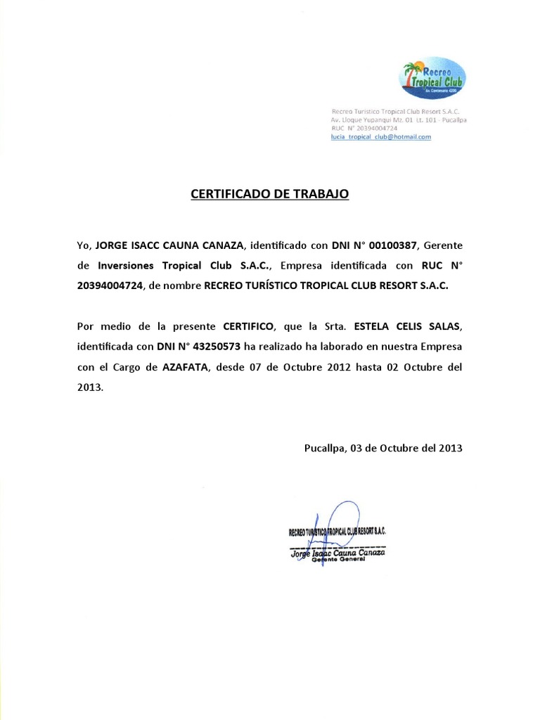 Certificado de Trabajo - Tropical Club | PDF