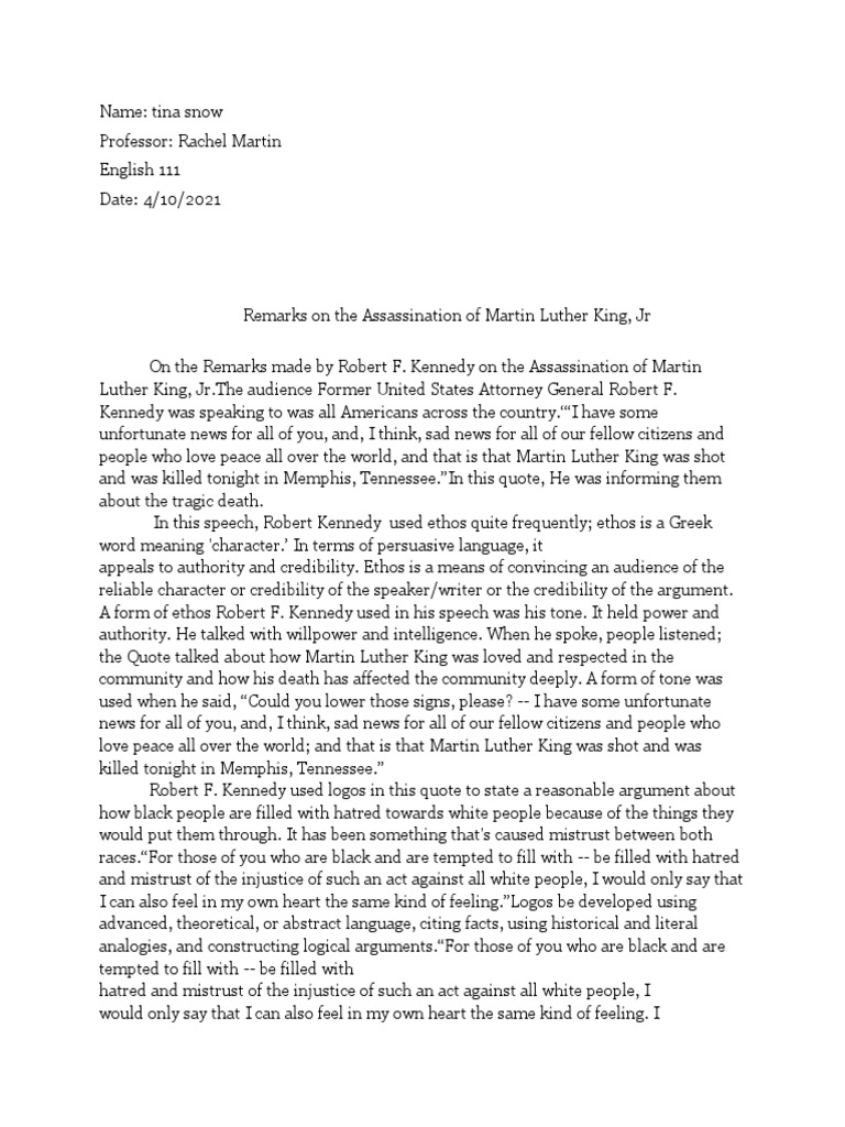 Remarks On The Assassination of Martin Luther King, JR | PDF | Martin ...