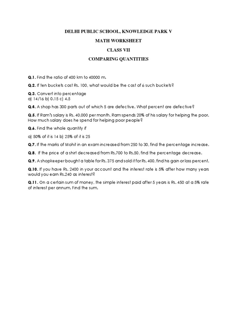 Comparing Quantities Class 7 Worksheet | PDF