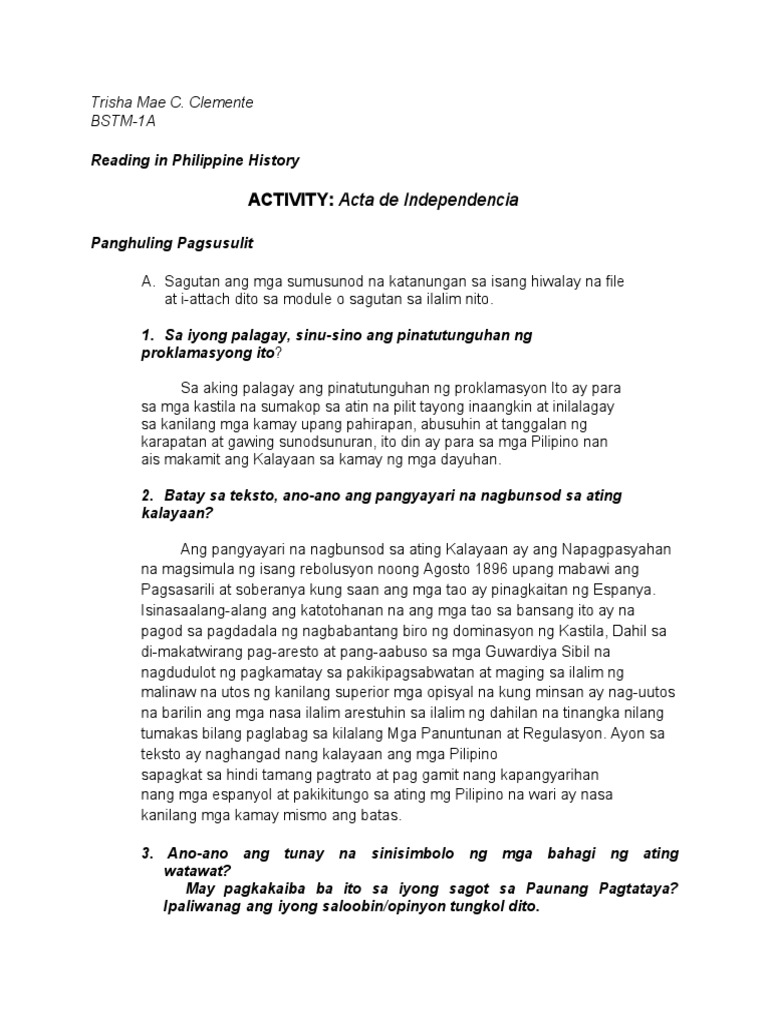 Acta de Independencia RIPH - Clemente, Trisha Mae C. BSTM-1A | PDF