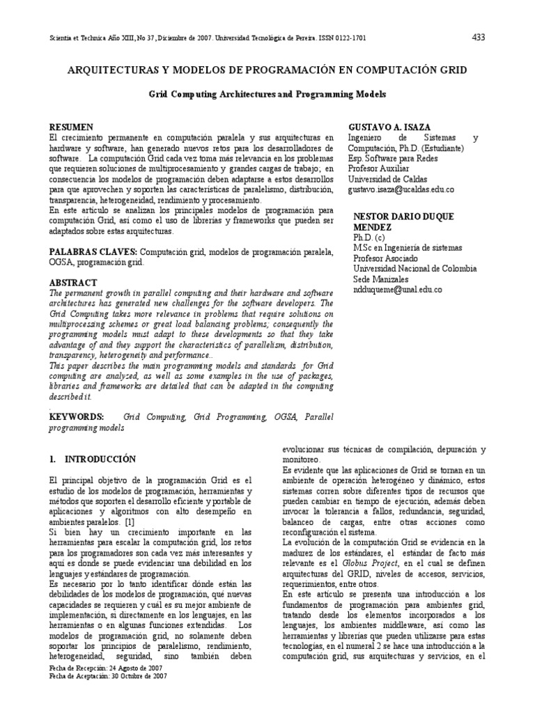 Arquitecturas Y Modelos de Programación en Computación Grid: Grid Computing Architectures and ...