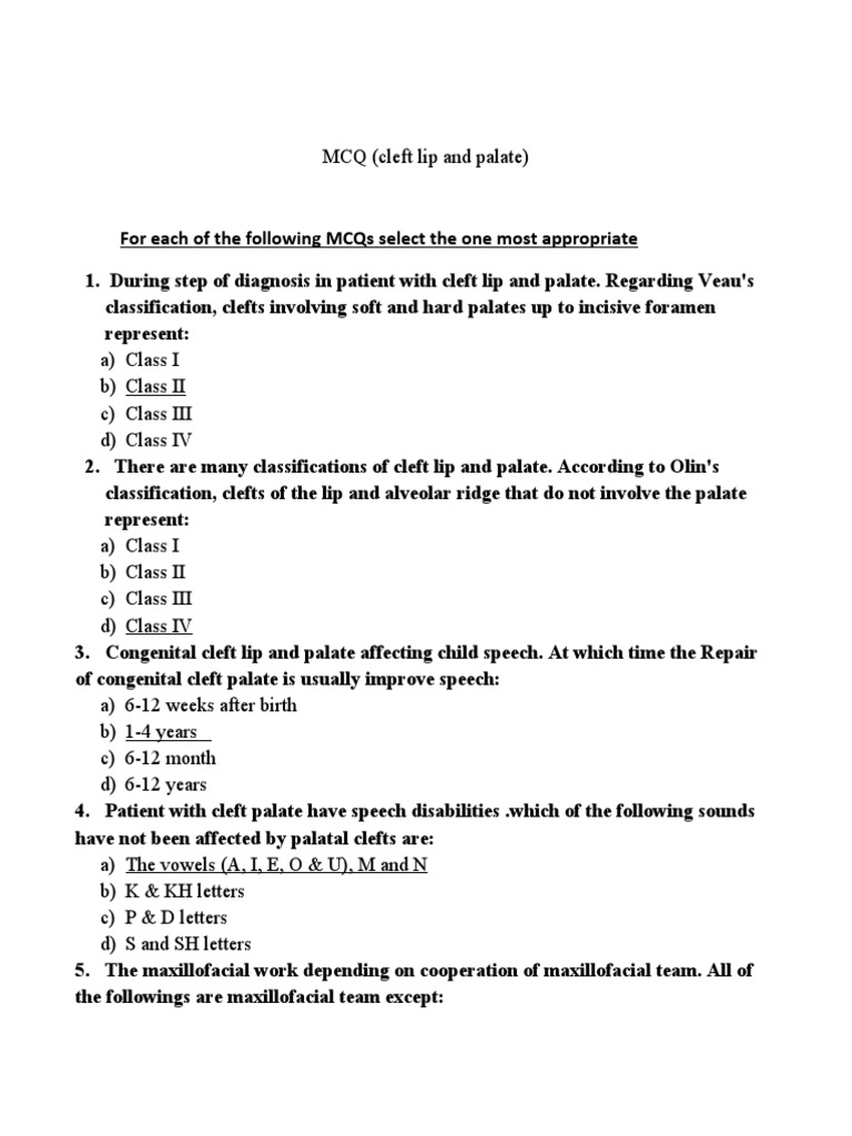 Cleft Lip and Palate MCQ & Answer | PDF | Clinical Medicine | Human Anatomy
