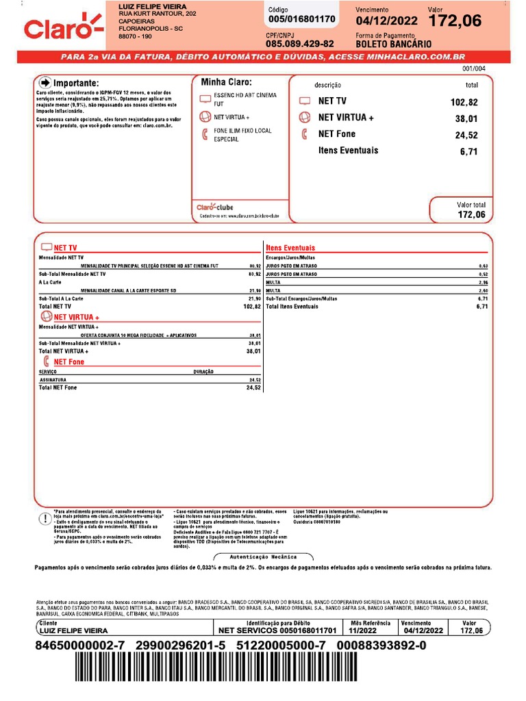 Fatura Claro Net | PDF