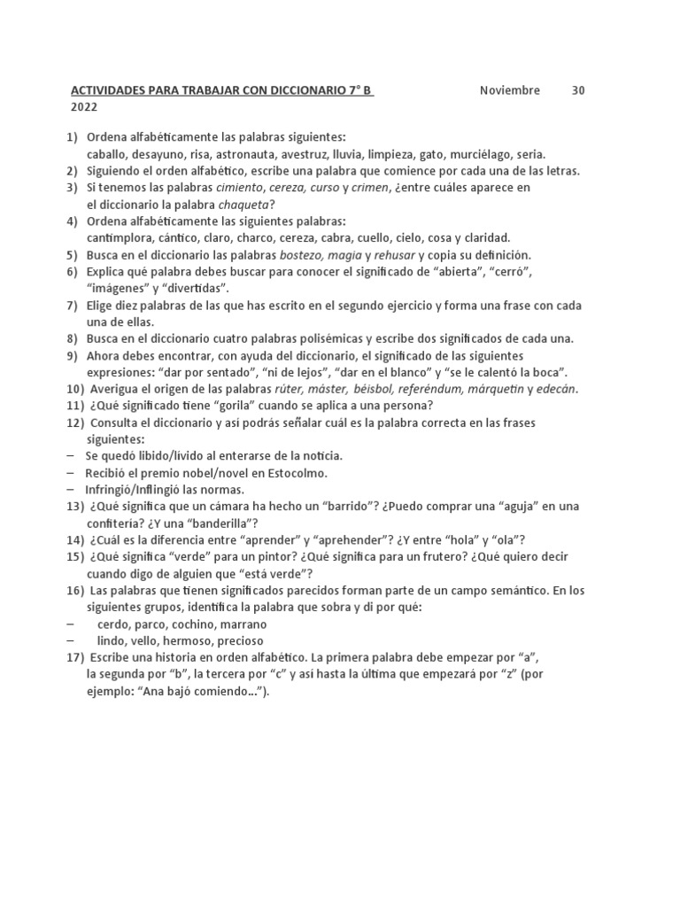 Actividades para Trabajar Con Diccionario 7 | PDF