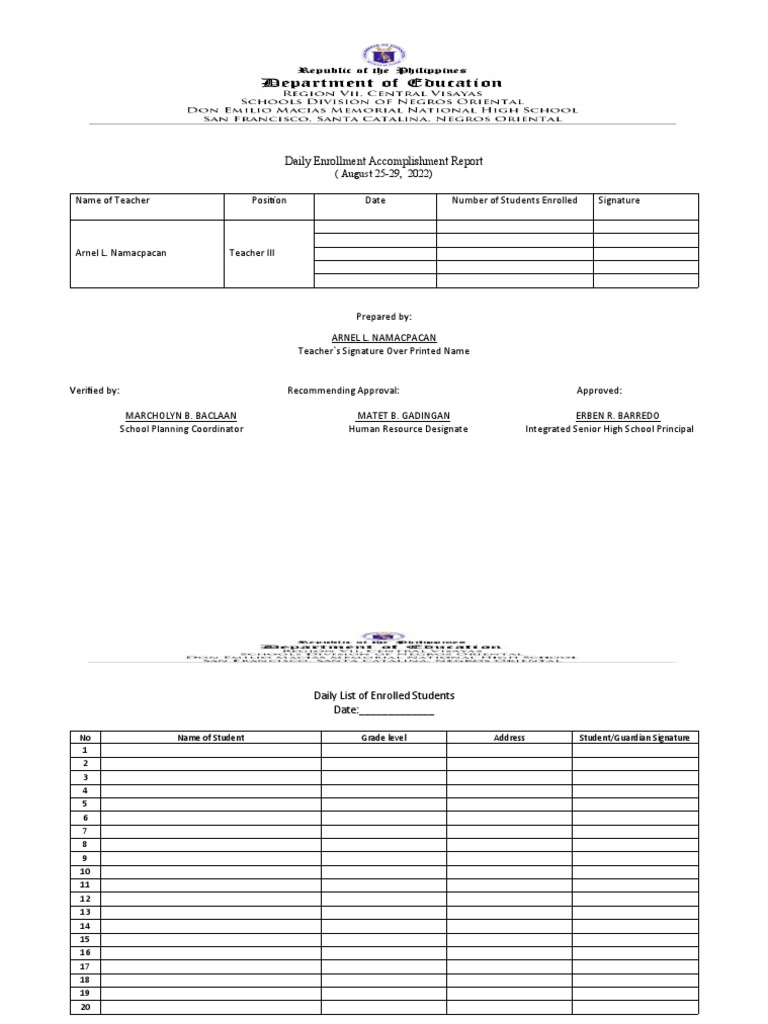 Daily Enrollment Report Summary | PDF | Teachers