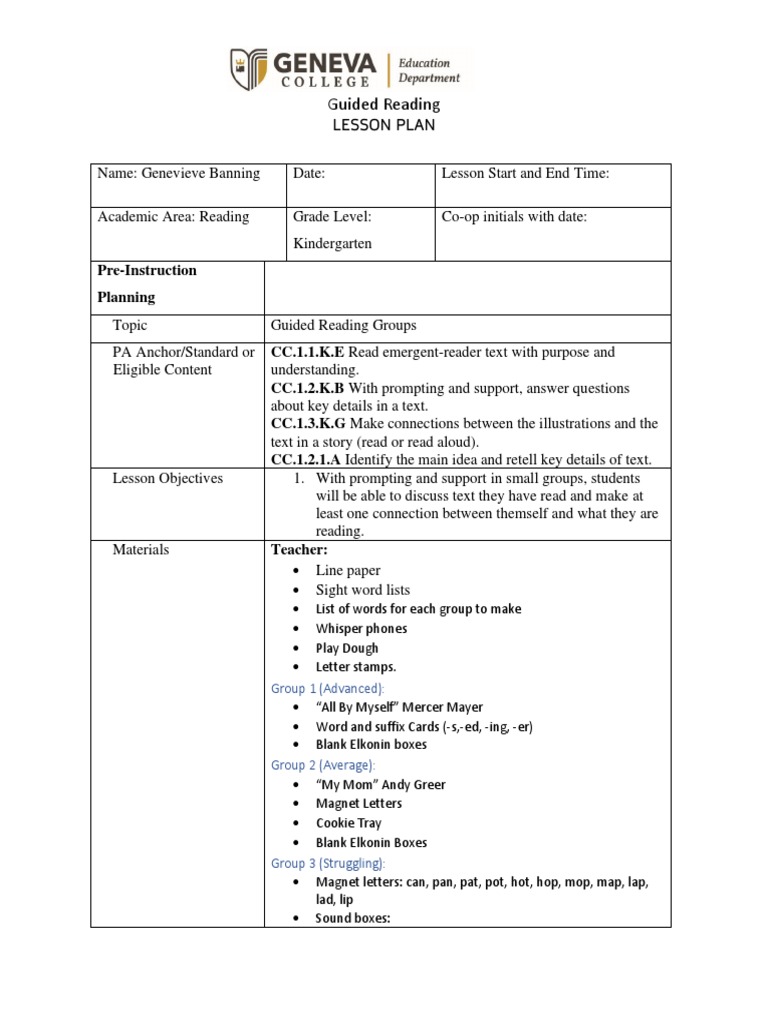 Kindergarten Guided Reading Lesson Plan | PDF | Vocabulary | Behavior ...