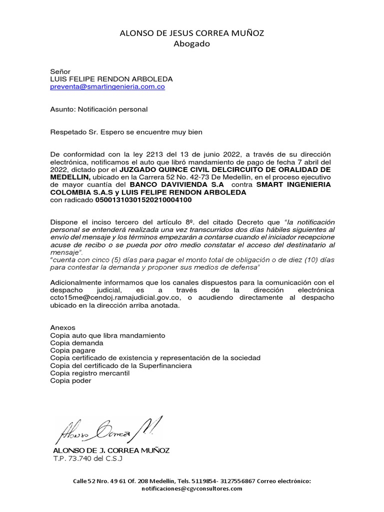 FELIPE RENDON ARBOLEDA, Notificacion, Auto Mandamiento, Demanda, Anexos ...