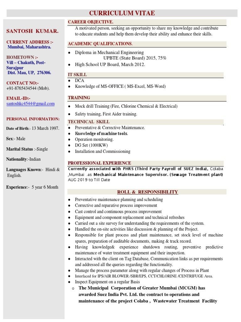 Santosh Kumar CV | PDF | Sewage Treatment