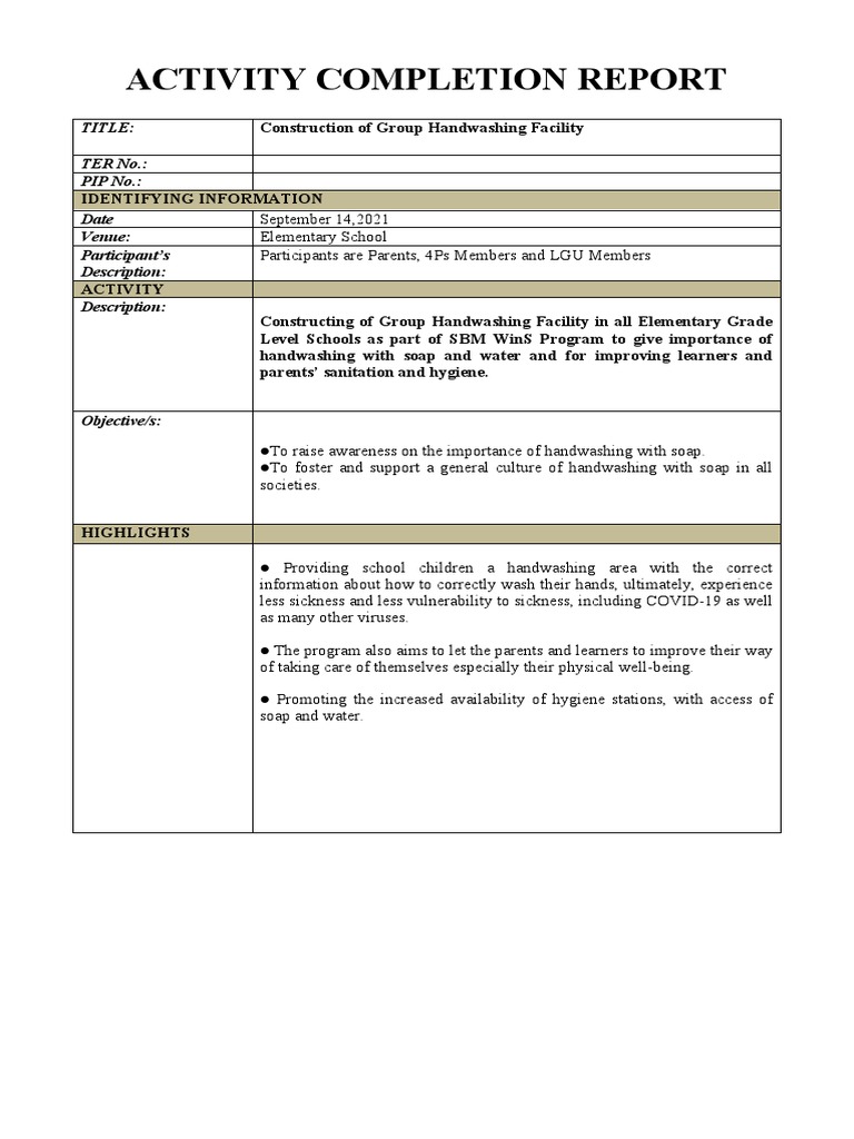 Acr - Construction of Group Handwashing Facility 2021 | PDF