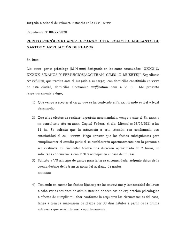 Perito psicólogo acepta cargo y solicita adelanto de gastos y ampliación de plazos | PDF