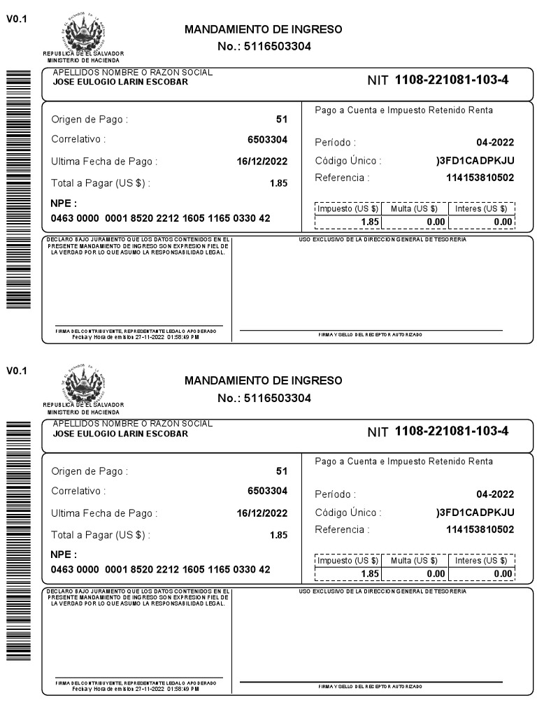 Mandamiento de Ingreso: Origen de Pago: Correlativo: Ultima Fecha de Pago: Código Único ...