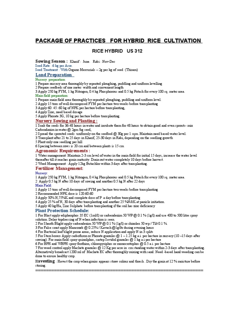 Package of Practices For Hybrid Rice | PDF | Plant Nursery | Sowing