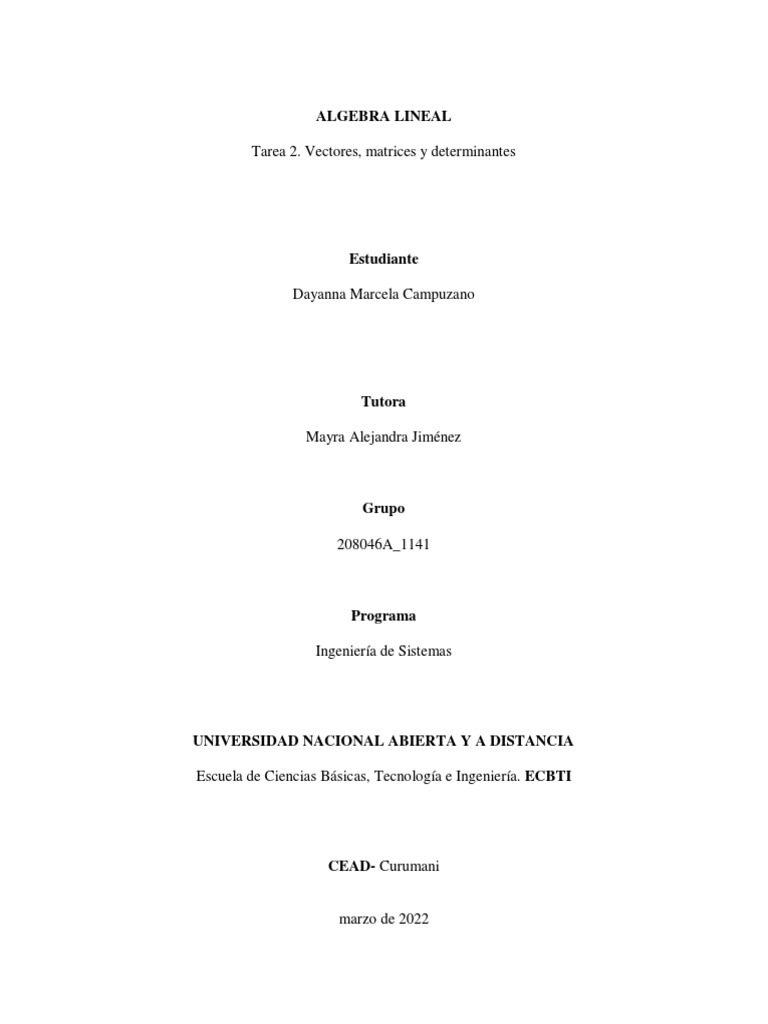 Tarea2 Grupo25 Dayanna Campuzano 1 | PDF | Vector Euclidiano | Determinante
