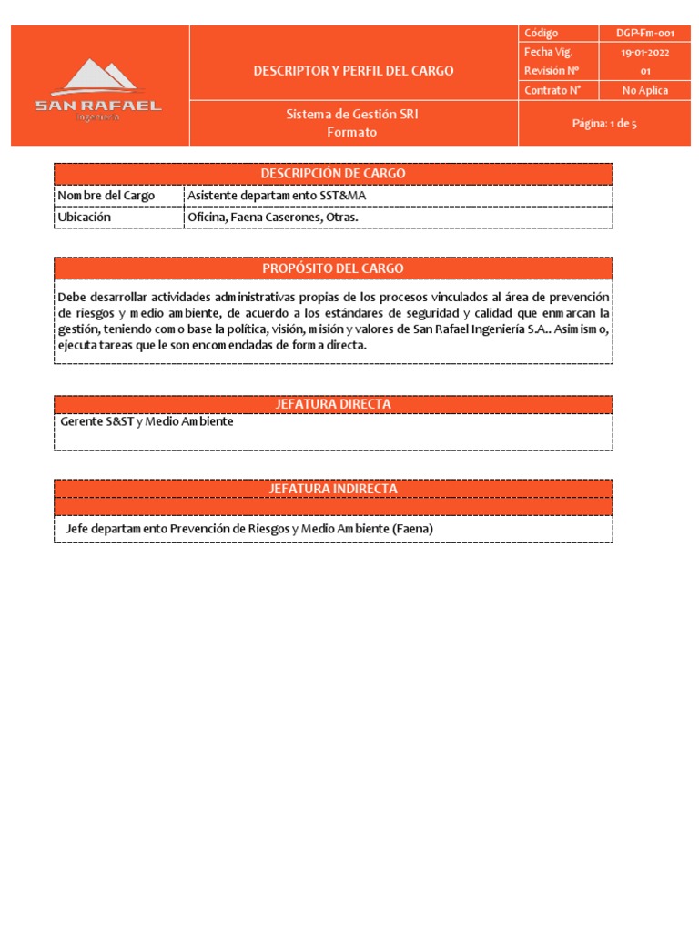 Descriptor y Perfil de Cargo Asistente Departamento SST&MA | PDF