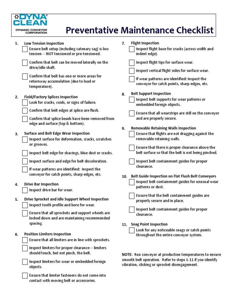 Preventative Maintenance Checklist | PDF | Belt (Mechanical) | Wear
