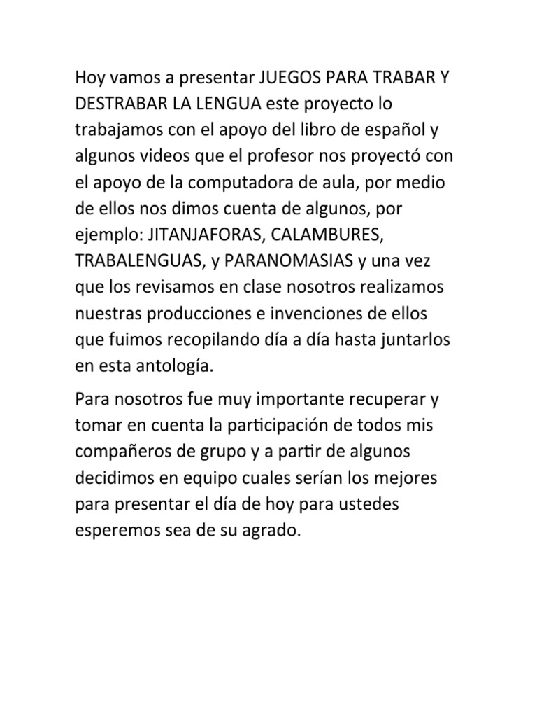 Presentacion de Proyecto Juegos para Trabar y Destrabar La Lengua | PDF ...