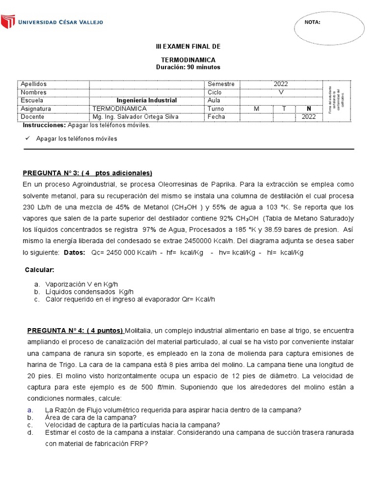 III Examen Final Termodinamica 2022 2 BLK C | PDF | Destilación | Agua