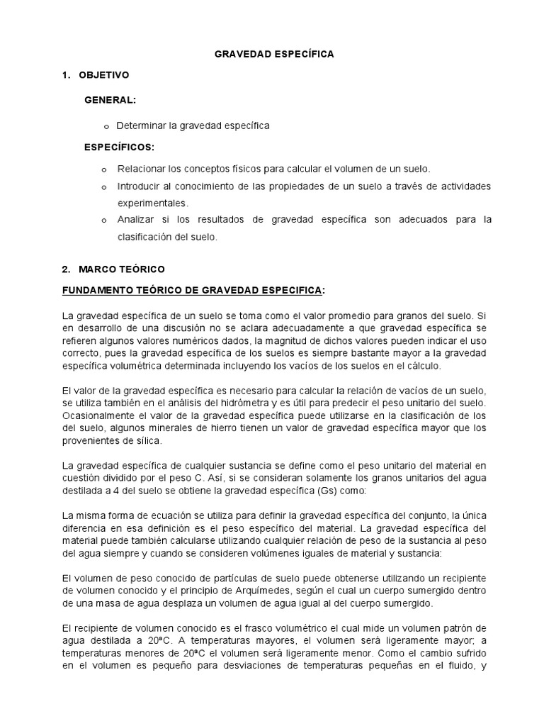 Gravedad Específica del Suelo | PDF | Densidad | Gravedad