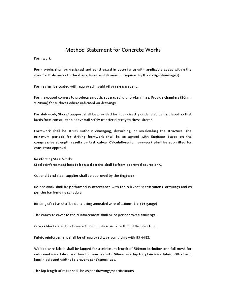 Method Statement for Concrete Works | PDF | Concrete | Building Technology