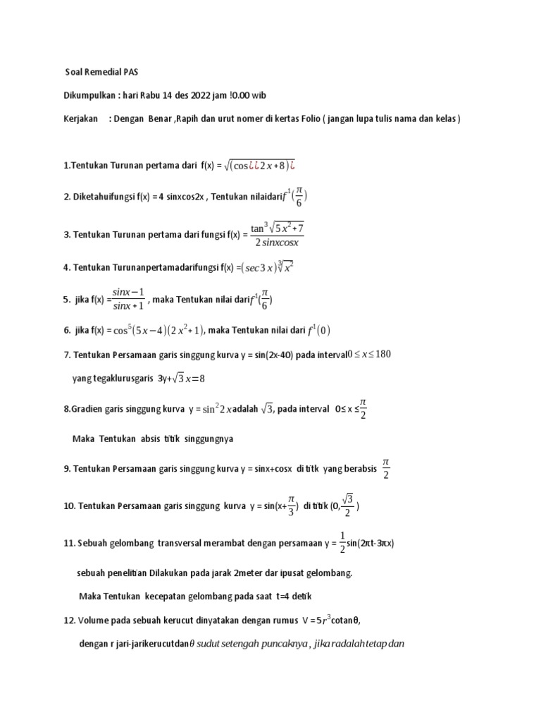 Soal REmedial XII Ipa PAS Mat Minat 2022 | PDF