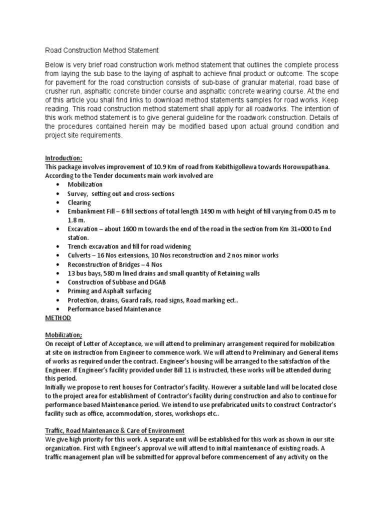 Road Construction Method Statement Guide | PDF | Road | Road Surface