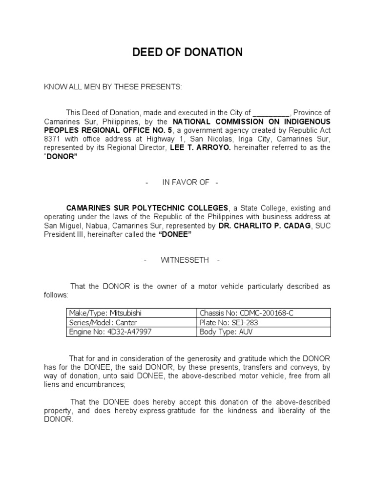 Deed of Donation-Cspc (Motor Vehicle) | PDF