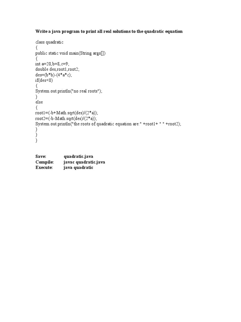 Write A Java Program To Print All Real Solutions To The Quadratic Equation | PDF | Java ...