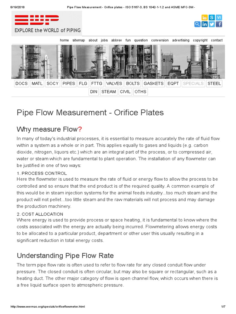 Pipe Flow Measurement - Orifice Plates - IsO 5167-3, BS 1042-1-1.2 and ...