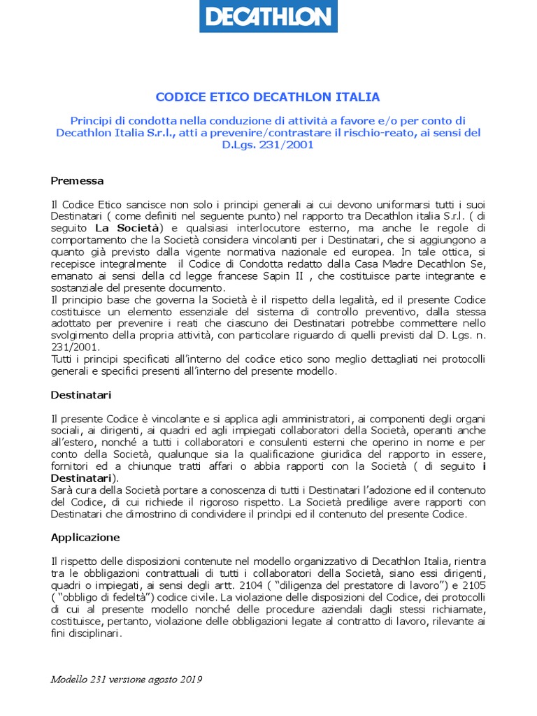 Codice Etico 2019 Decathlon | PDF