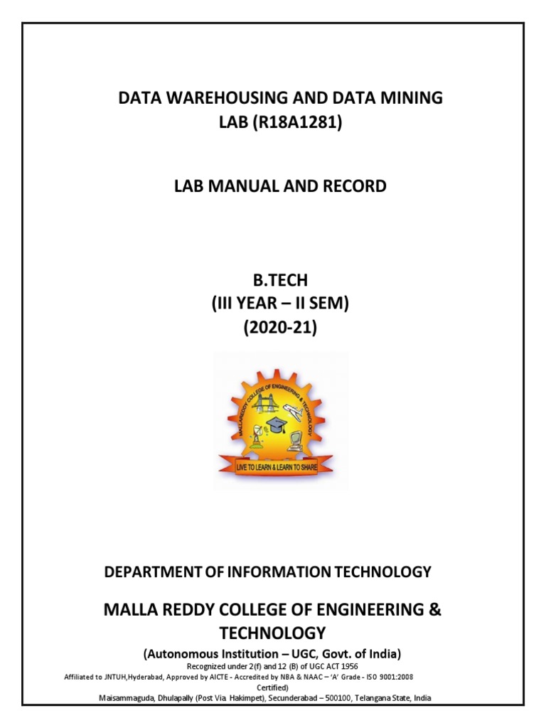 DWDM Lab Manual for B.Tech Students | PDF | Engineering | Cluster Analysis