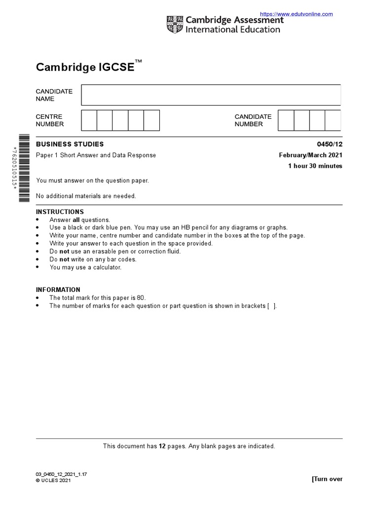 Cambridge IGCSE: 0450/12 Business Studies | PDF | Business | Economies