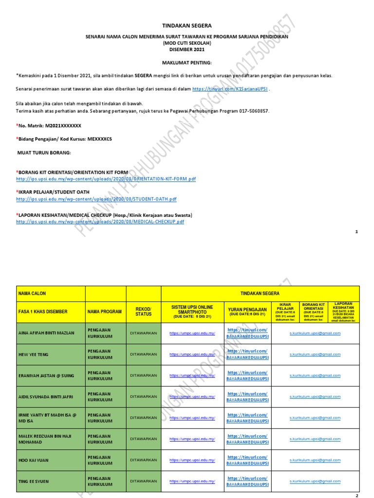 Tindakan Dan Perhatian - Senarai Ambilan Khas Disember 2021 | PDF