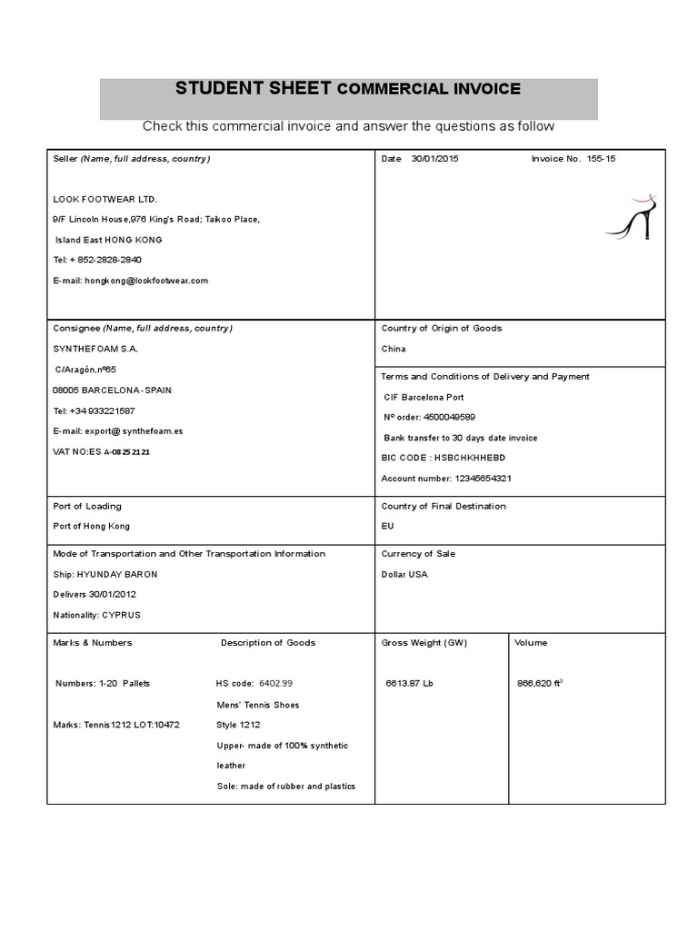 International Trade Invoice: Footwear Shipment from Hong Kong to Spain ...