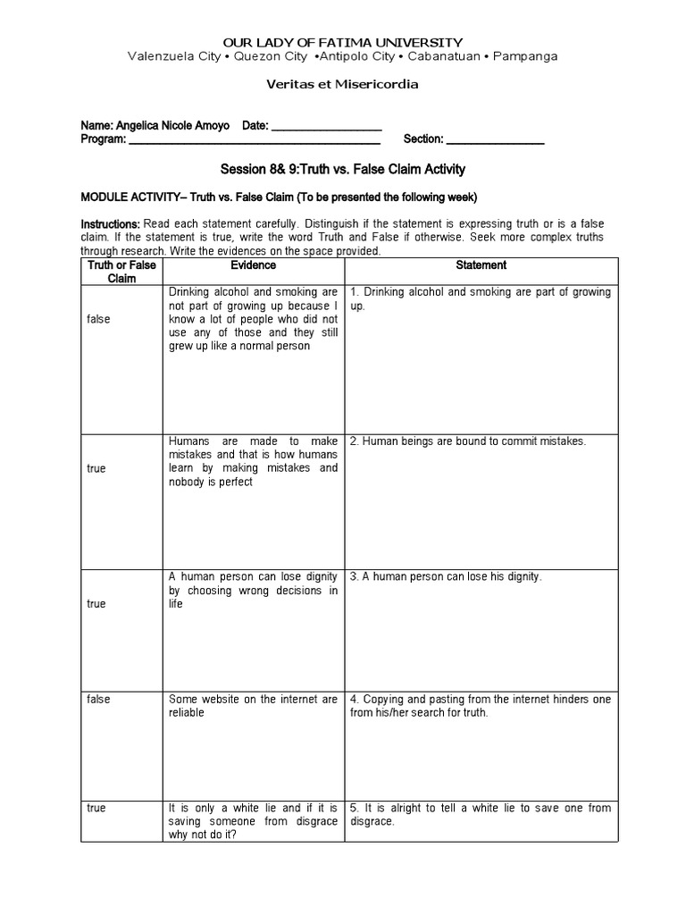 Truth vs. False Claims Activity Guide | PDF | Truth | Lie