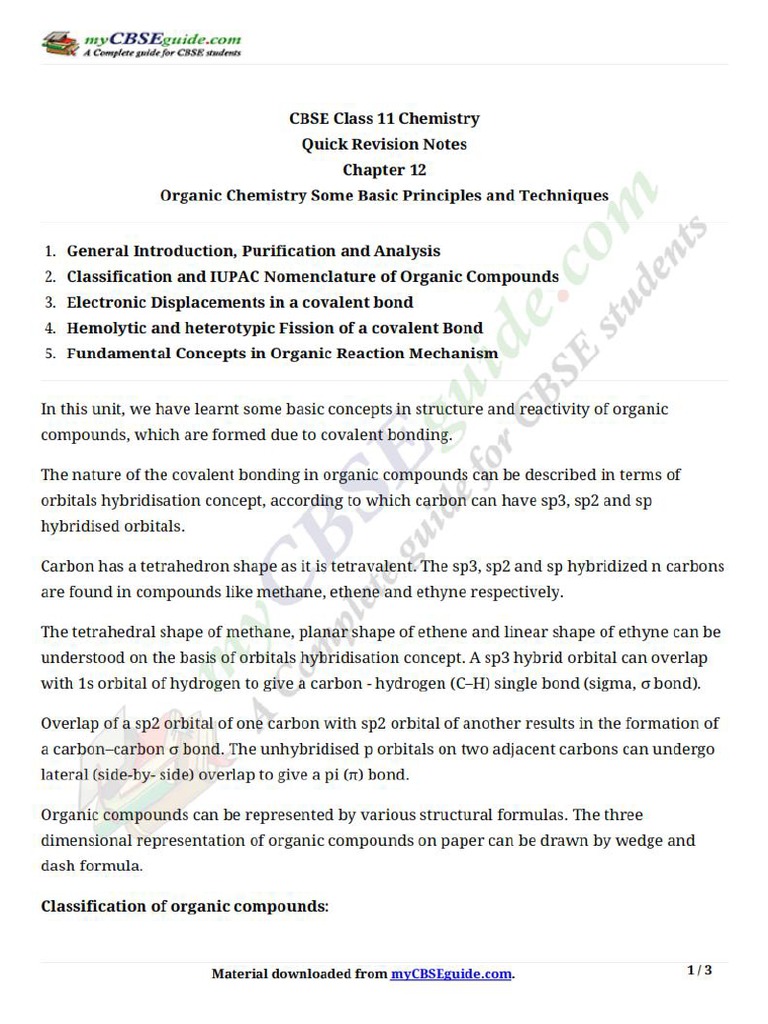 11 Chemistry Notes Ch12 Organic Chemistry | PDF