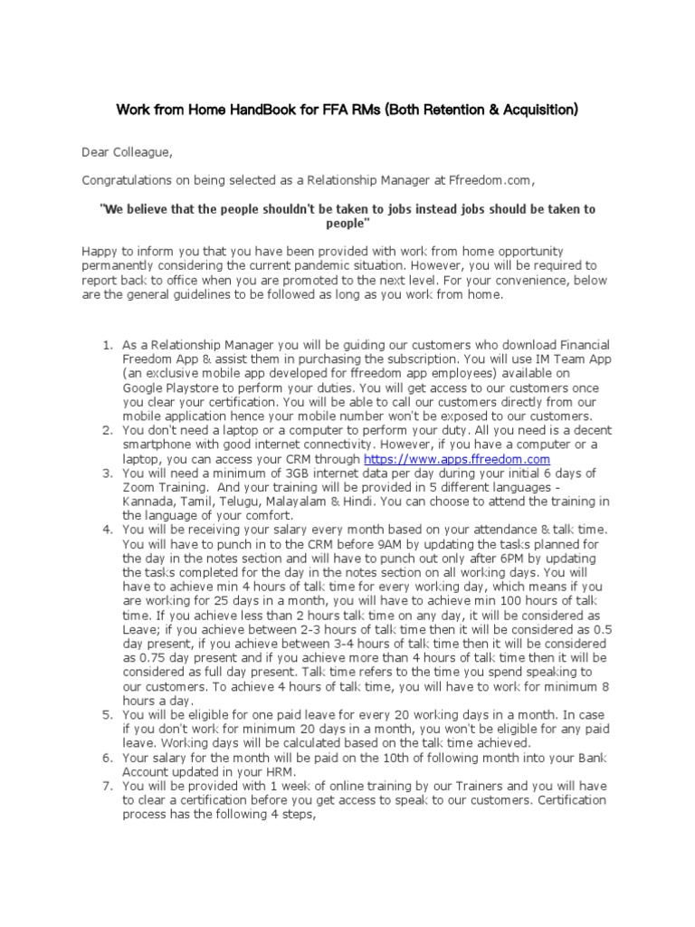 Work from Home Guide for FFA RMs | PDF | Salary | Gratuity