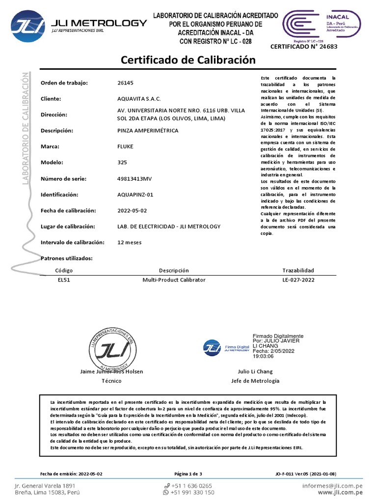 Certificado de Calibraci N 24683 - AQUAVITA S.A.C. - 20220503.20220502 | PDF | Calibración ...