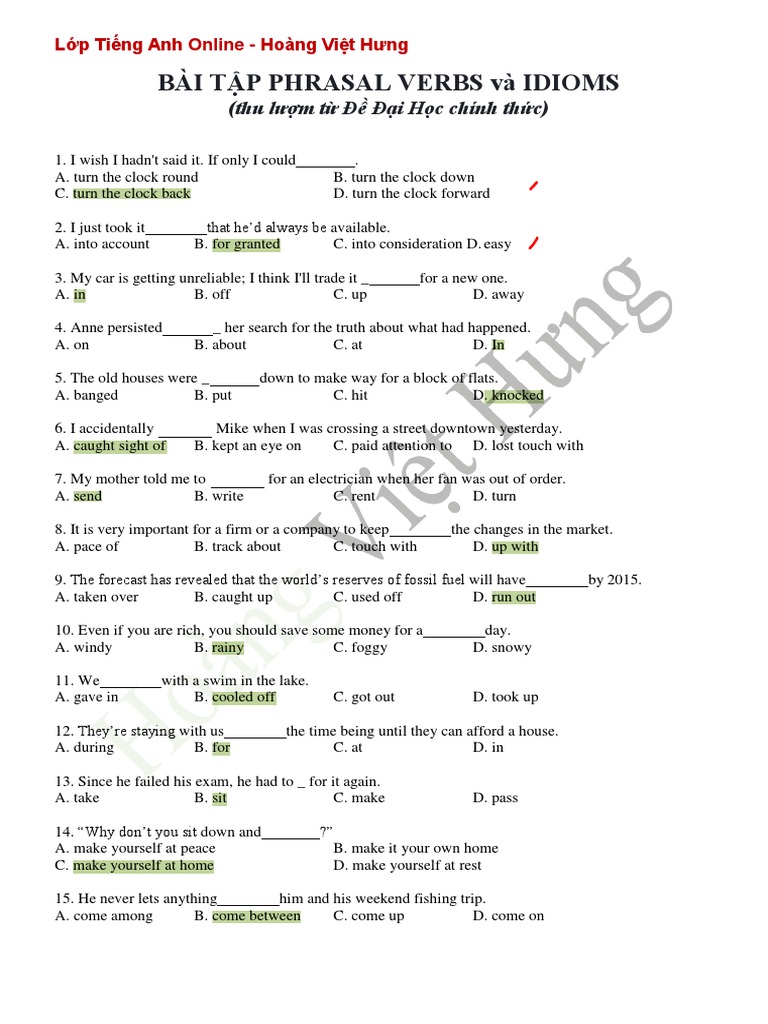 Phrasal Verb + Idiom Trong Các Đề Đại Học Chính Thức | PDF