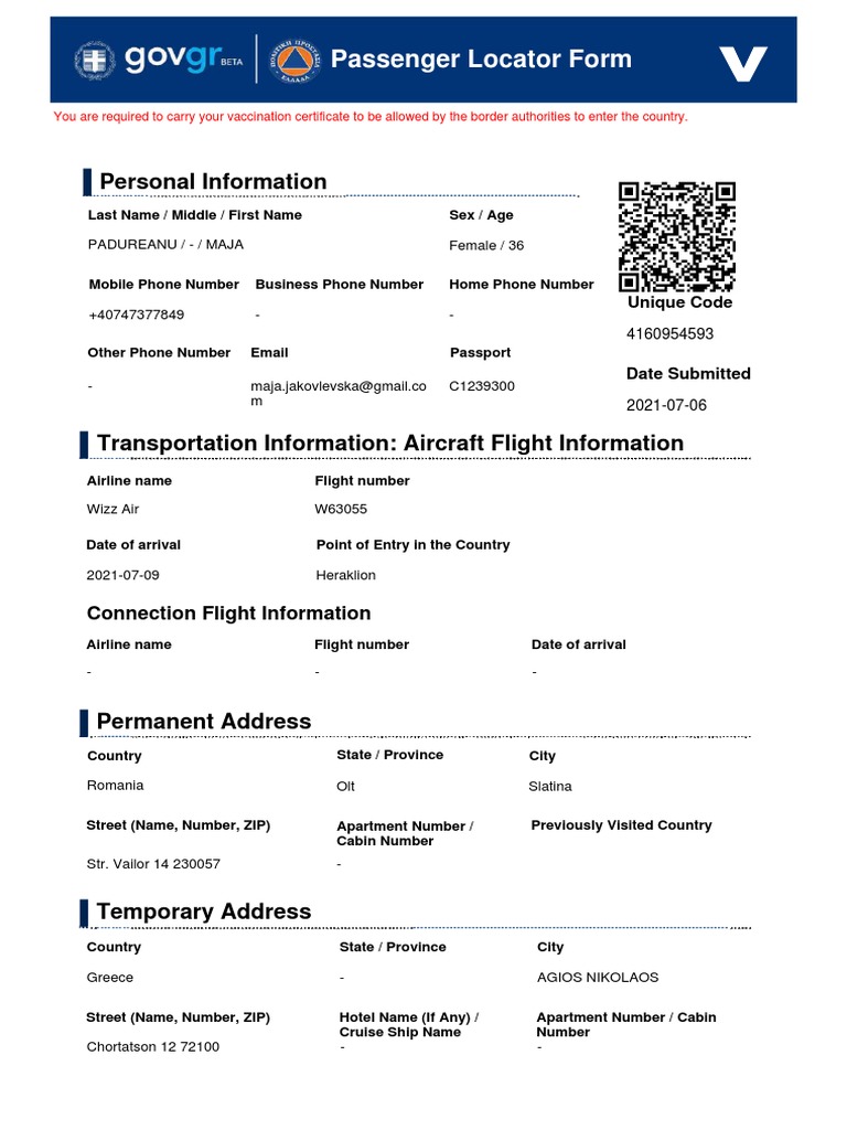 Passenger Locator Form: Personal Information | PDF | Transport | Aviation