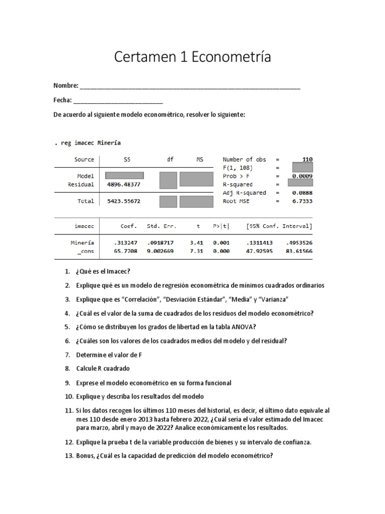 Certamen 1 Econometría | PDF