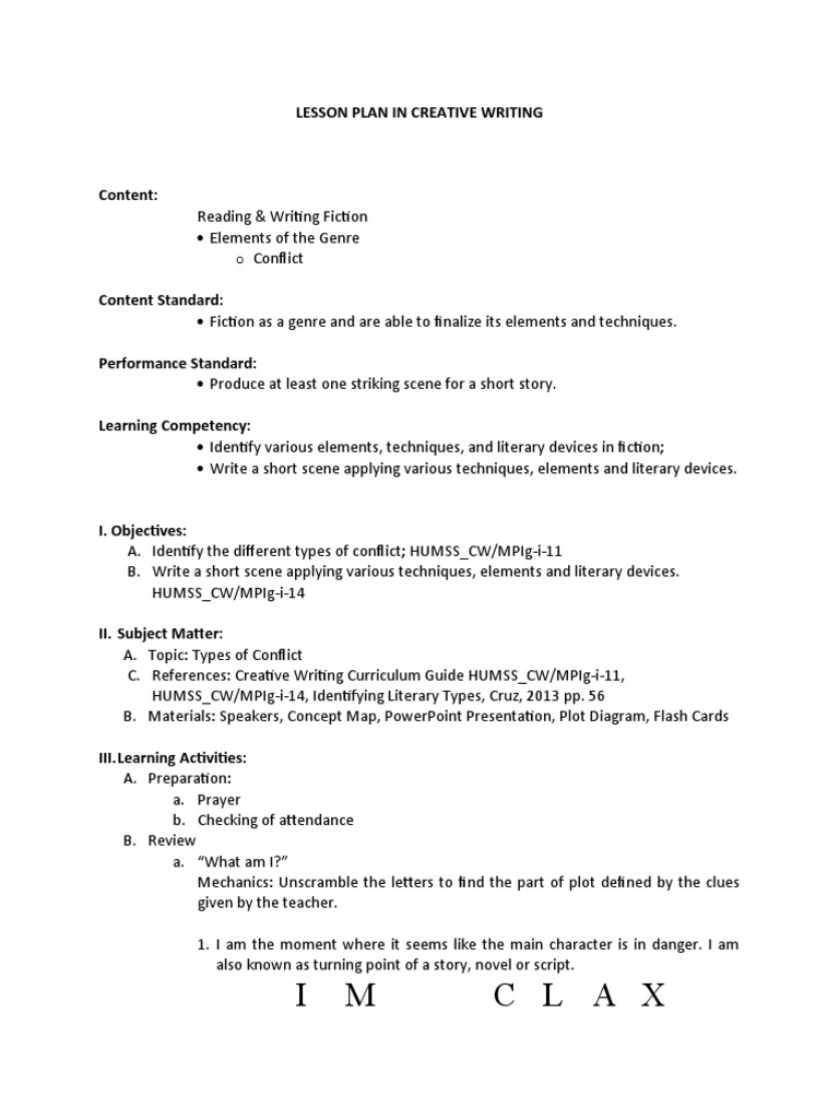 Creative Writing Lesson Plan: Conflict | PDF | Lesson Plan | Plot ...