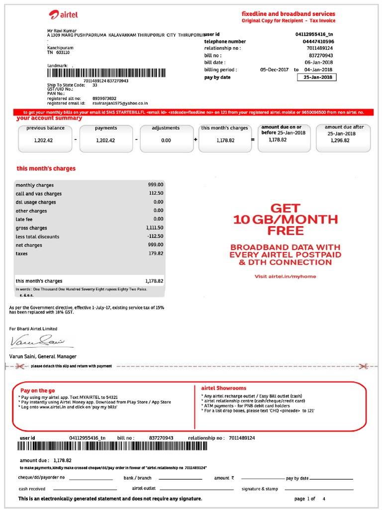 2018airtel Broadband Bill | PDF