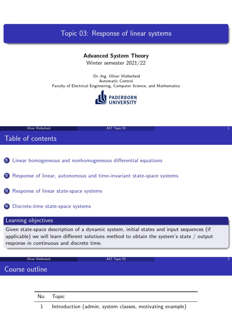 Response Of Linear Systems State Transition Matrices And Solutions To Homogeneous And