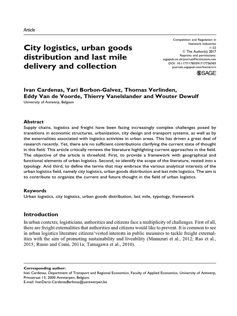 Towards An Urban Logistics Framework Defining City Logistics Urban